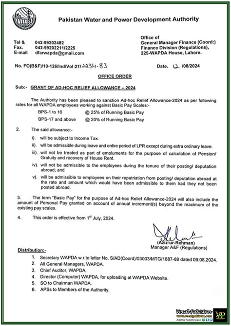 New Adhoc Relief Allowance 2024 Sanctioned By Wapda Effective From 1st