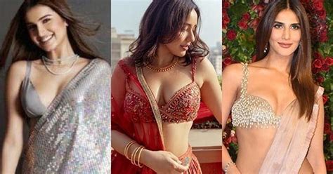 15 Bollywood Actresses In Saree With Skimpy Blouses Bralette Showing