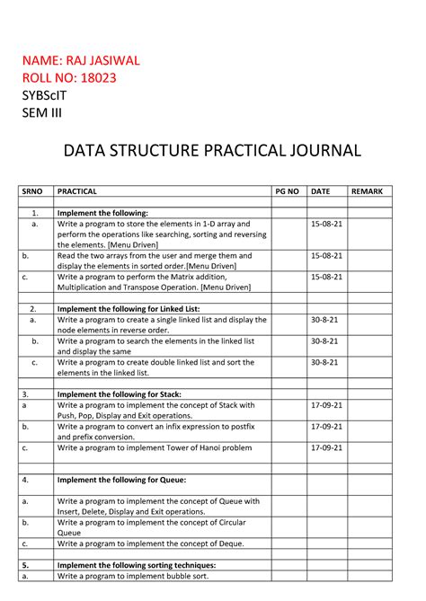 Data Structure Practical Journal Sem3 Name Raj Jasiwal Roll No