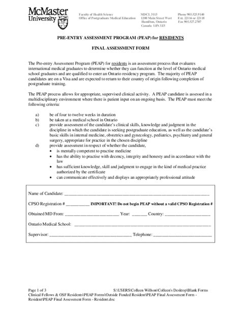 Fillable Online Pre Entry Assessment Program Peap For Residents Final
