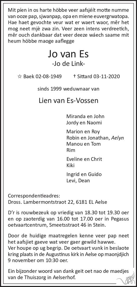 Jo Van Es 03 11 2020 Overlijdensbericht En Condoleances Mensenlinqnl