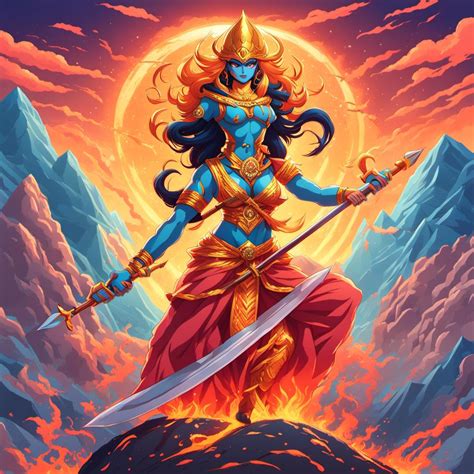 Four Arms Blue Hindu Goddess Kali With Trident And By Buddhas Magic On