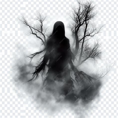 A Dark Shadowy Figure With Treelike Branches Emerging From Mist Evoking