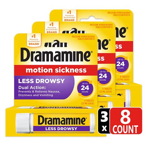 Dramamine Travel Pills All Day Less Drowsy Motion Sickness Relief Supplement 3 Pack 8 Count