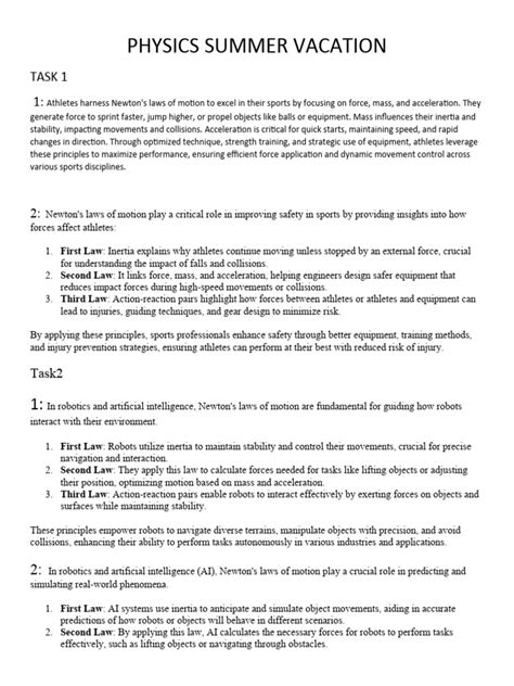 Physics Summer Vacation Pdf Force Robotics