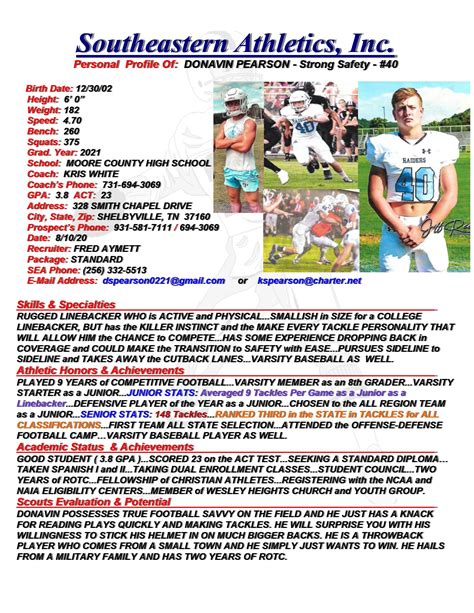 Donavin Pearson 2021 Strong Safety Moore County Hs Tn Southeastern Athletics Inc