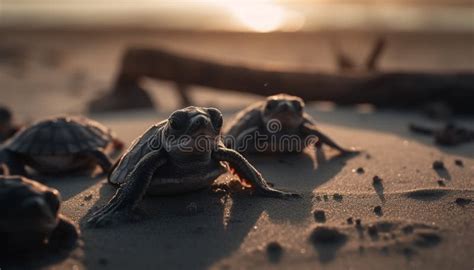 Cute Turtle Crawling On Sandy Coastline Slow Movement Generated By Ai Stock Illustration