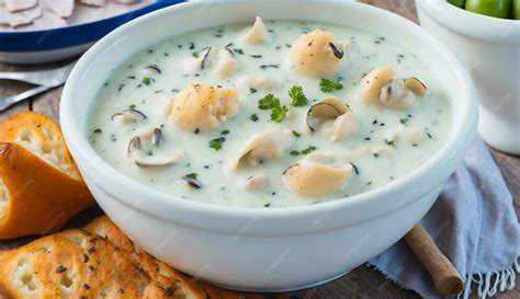Premium Ai Image Clam Chowder A Bowl Of Clam Chowder With A Bread