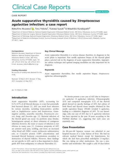 Pdf Acute Suppurative Thyroiditis Caused By Streptococcus Agalactiae Infection A Case Report