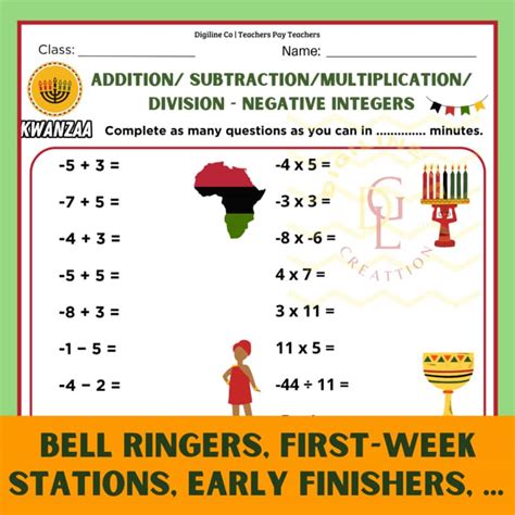 Kwanzaa Fraction Integers Integer Operation Math Review Activity Early