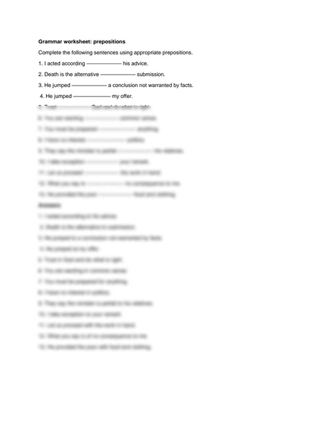Solution Grammar Worksheet Prepositions With Answers Studypool