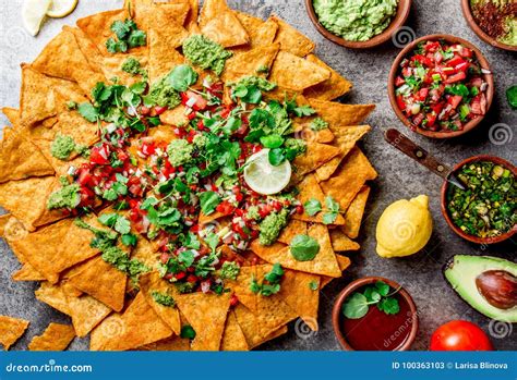 Nachos Totopos With Sauces Mexican Food Concept Yellow Corn Totopos