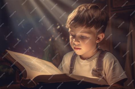 Premium Ai Image Boy Reading Storybook With Illumination Ray Generate Ai