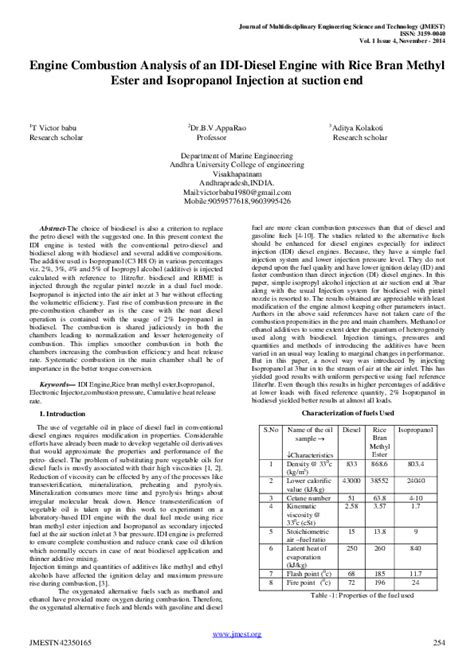 Pdf Engine Combustion Analysis Of An Idi Diesel Engine With Rice Bran Methyl Ester And