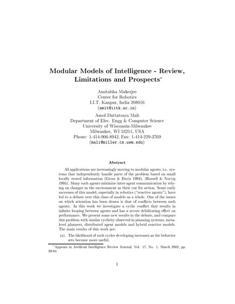 Pdf Modular Models Of Intelligence Review Limitations And Prospects
