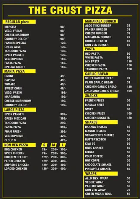 Menu Of The Crust Pizza Kharar Road Mohali