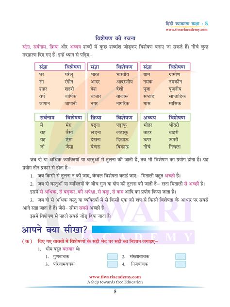 कक्षा 5 हिंदी व्याकरण अध्याय 6 विशेषण के भेद