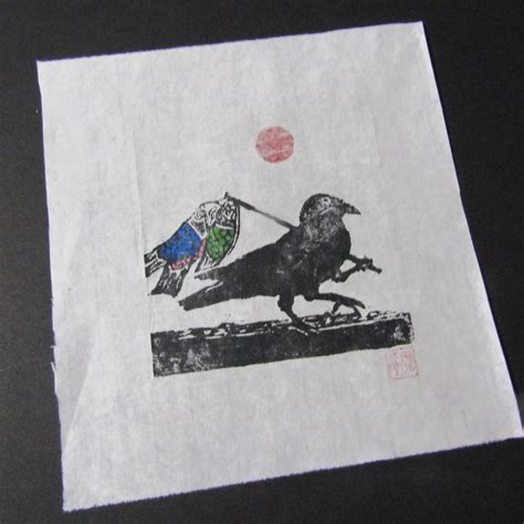 Yata Karasu Crow Koinobori Woodcut Woodblock Print Japanese Moku Hanga
