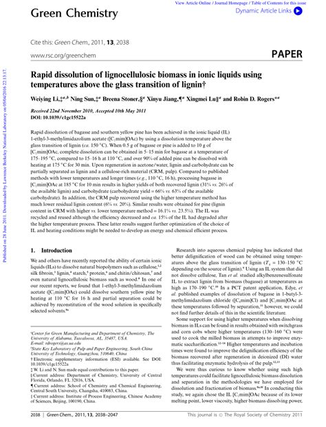 Pdf Rapid Dissolution Of Lignocellulosic Biomass In Ionic Liquids Using Temperatures Above The