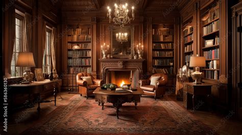 Traditional Library In An English Manor Created With Generative Ai