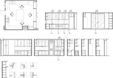 Modern Kitchen Interior Drawing 2d Layout Section And Detail Vector Design Stock Vector