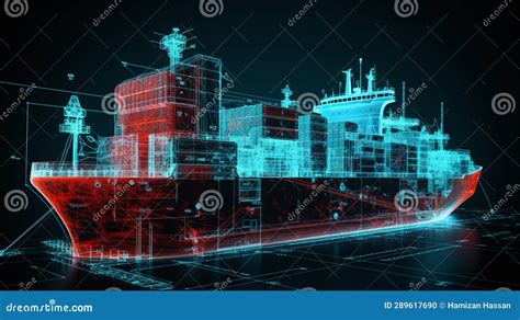 A 3d Hologram Wireframe Of A Cargo Ship Illustrating The Colossal Scale Of Maritime Transport