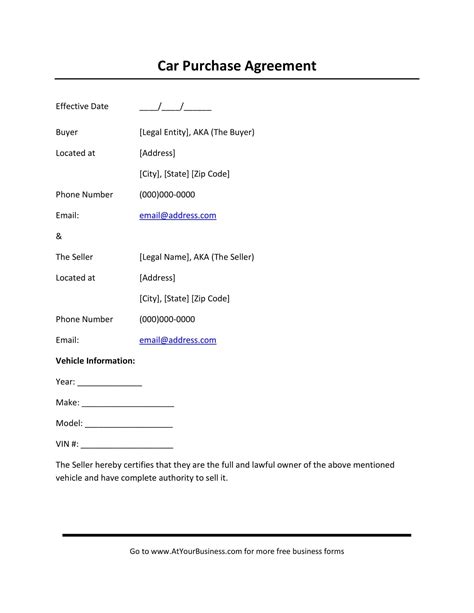 Free Printable Vehicle Purchase Agreement Templates Pdf Word