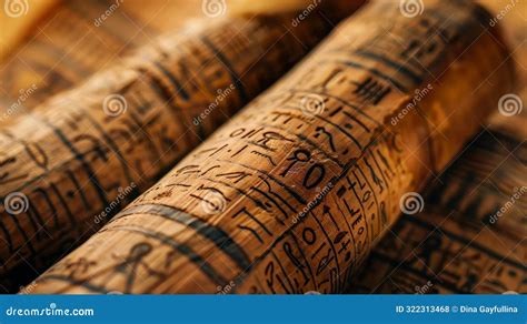 Close Up Of Ancient Egyptian Papyrus Scrolls With Detailed Hieroglyphic