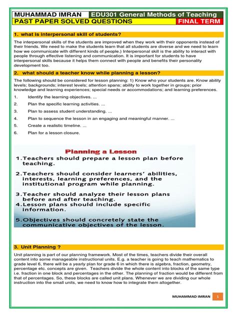 Edu301 General Methods Of Teaching Past Paper Solved Questions