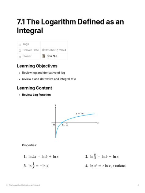 71 The Logarithm Defined As An Integral Part 1 Pdf Teaching