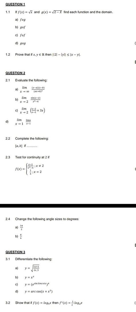 solved question 1 1 1 if f x √x and g x √2 x find each