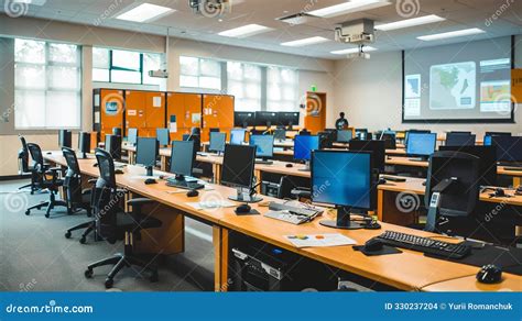 Students In School Computer Lab Working On Assignments Projector Displays Educational Materials