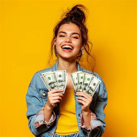 Premium Photo Photo Portrait Of Young Woman Girl Model Holding Cash Money Dollars In Hand With