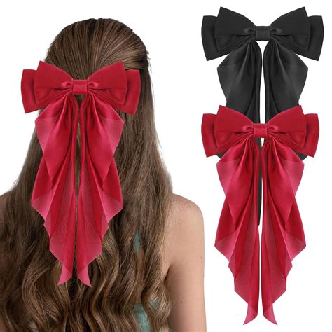 Bremorou 2 Pcs Coquette Bows Red Black Big Hair Bows Silky