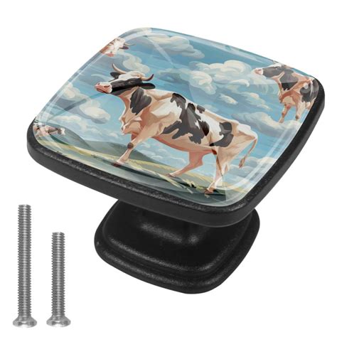 4 Pcs Cabinet Handle Drawer Pulls Cartoon Cow Knobs With Screws Square