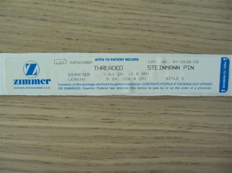 New Zimmer Threaded Steinmann Pin 28mm X 229cm 47 2620 25 Disposables