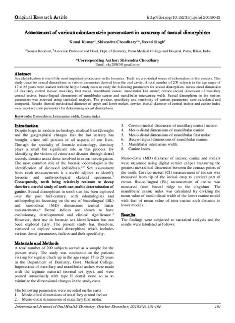 Pdf Assessment Of Various Odontometric Parameters In Accuracy Of