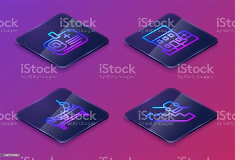 아이소메트릭 라인 식별 배지 다리가 부러진 환자 의료 병원 건물 및 장애인 엘리베이터를 설정합니다 파란색 사각형 버튼입니다 벡터 3차원 형태에 대한 스톡 벡터 아트 및 기타