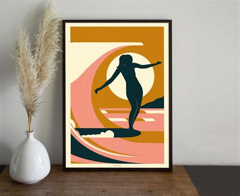 Cornwall Surf Art Print Retro Mid Century Surfer Poster Etsy