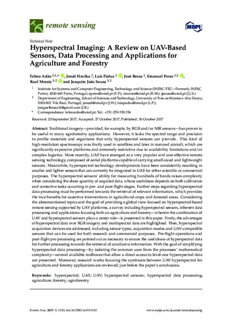 (PDF) Hyperspectral Imaging: A Review on UAV-Based Sensors, Data Processing and Applications for ...