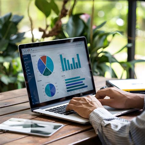 Focused Individual In Nature Setting Analyzing Data On Laptop With Charts And Graphs Stock