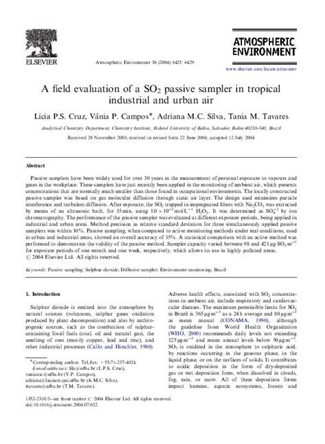 Pdf A Field Evaluation Of A So2 Passive Sampler In Tropical
