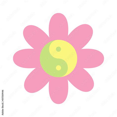 Flower With Yin Yang Symbol In Pastel Pink Yellow Green Color Vector