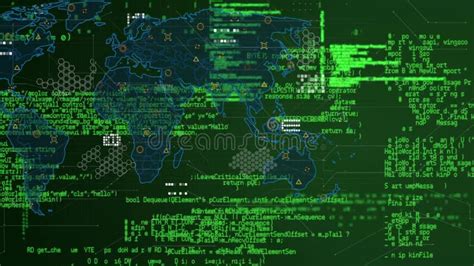 Digital World Map With Green Coding And Data Processing Animation