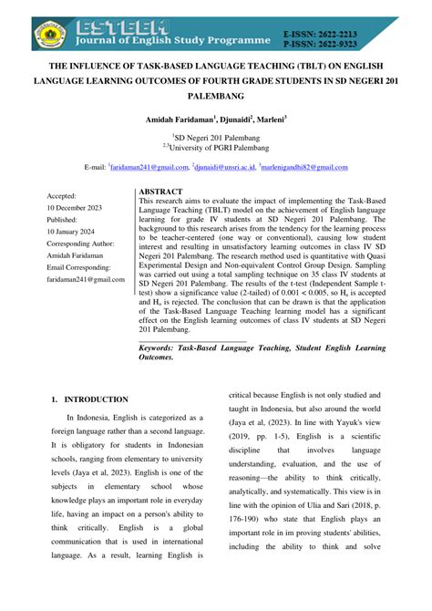 Pdf The Influence Of Task Based Language Teaching Tblt On English Language Learning Outcomes
