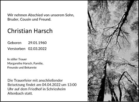 Traueranzeigen Von Christian Harsch Trauerportal Ihrer Tageszeitung