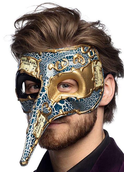 Venetian Nasone Blue Black And Gold Mens Masquerade Mask