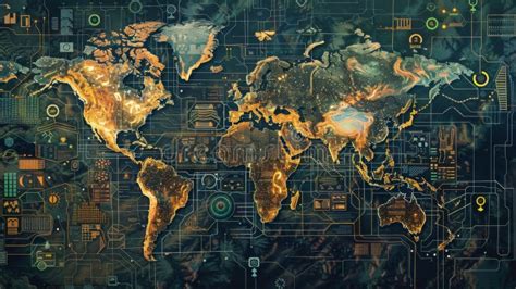 Futuristic Technology World Map With Glowing Lights Global