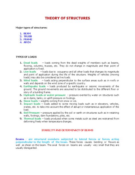 Structural Theory Notes Theory Of Structures Major Types Of Structures Beam Truss Frame Arch