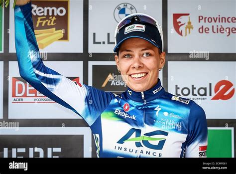 Belgian Shari Bossuyt Celebrates On The Podium After Winning The One